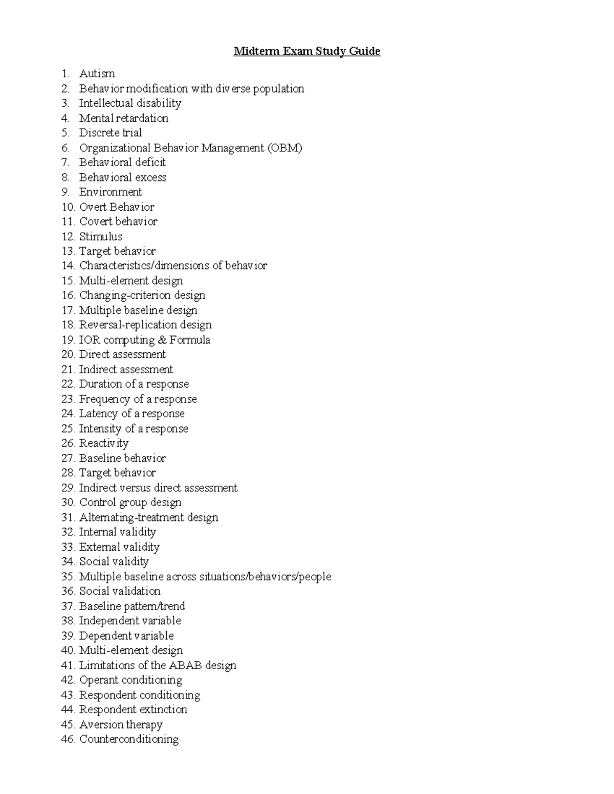 Midterm Exam Study Guide: Key Concepts in Behavior Analysis - Studocu