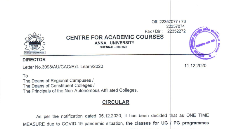 Circular on Online Classes & External Learning (AI) - Studocu