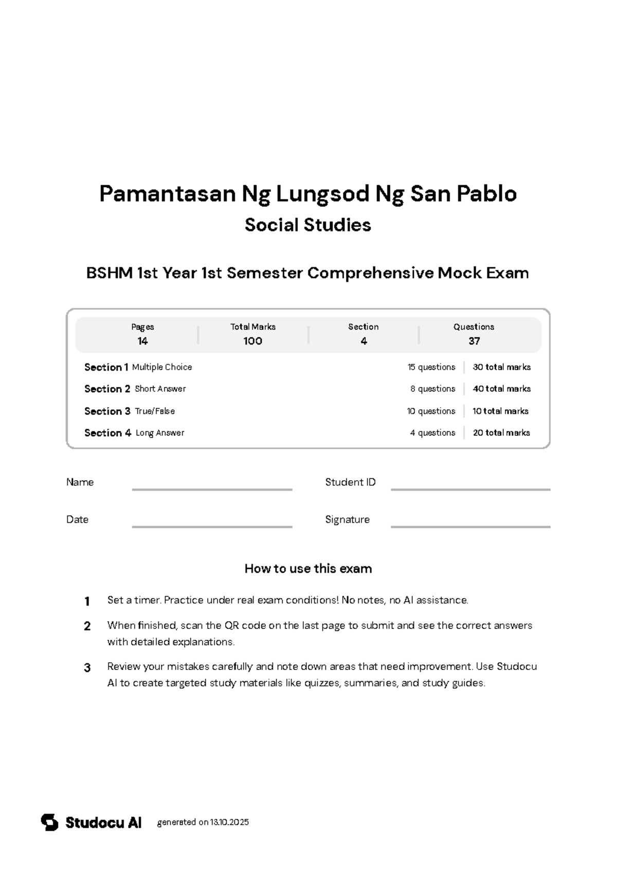 BSHM 1st Year 1st Semester Comprehensive Mock Exam - Studocu