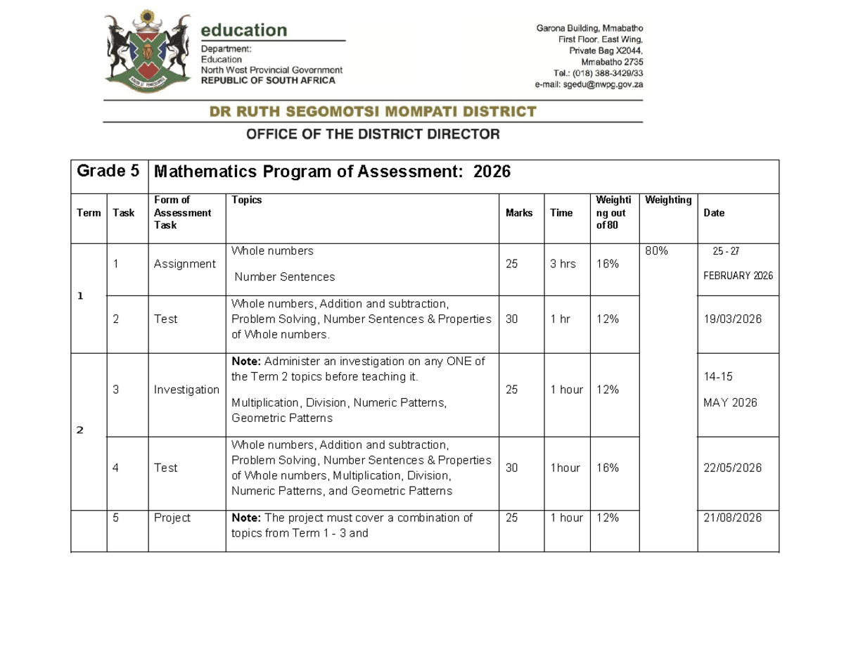 Grade 5 Math POA: 2026 Term Task Assessment Overview - Studocu