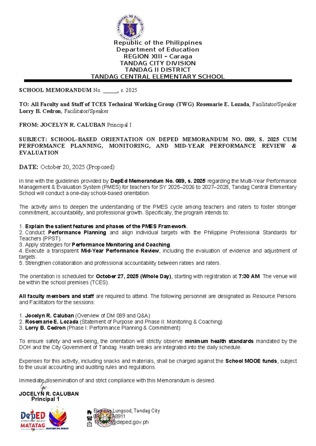 TCES School Memorandum No. 089, S. 2025: PMES Orientation Minutes - Studocu