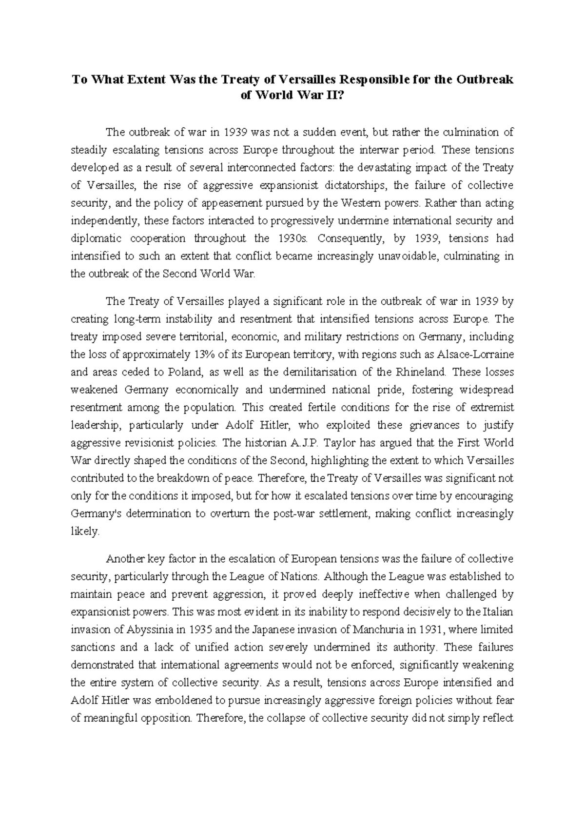 Modern History Essay: The Treaty of Versailles and WWII Causes - Studocu