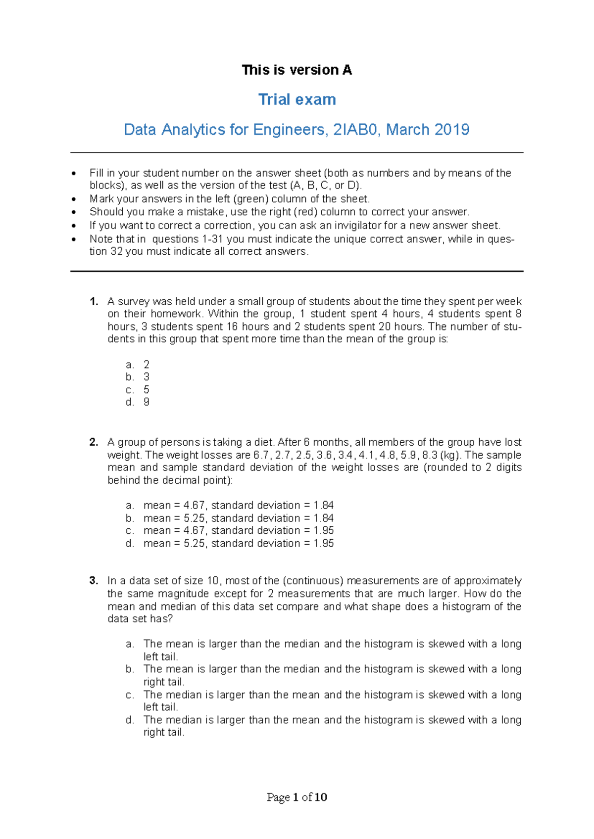 Trial Exam for Data Analytics 2IAB0 - March 2019, Version A - Studeersnel