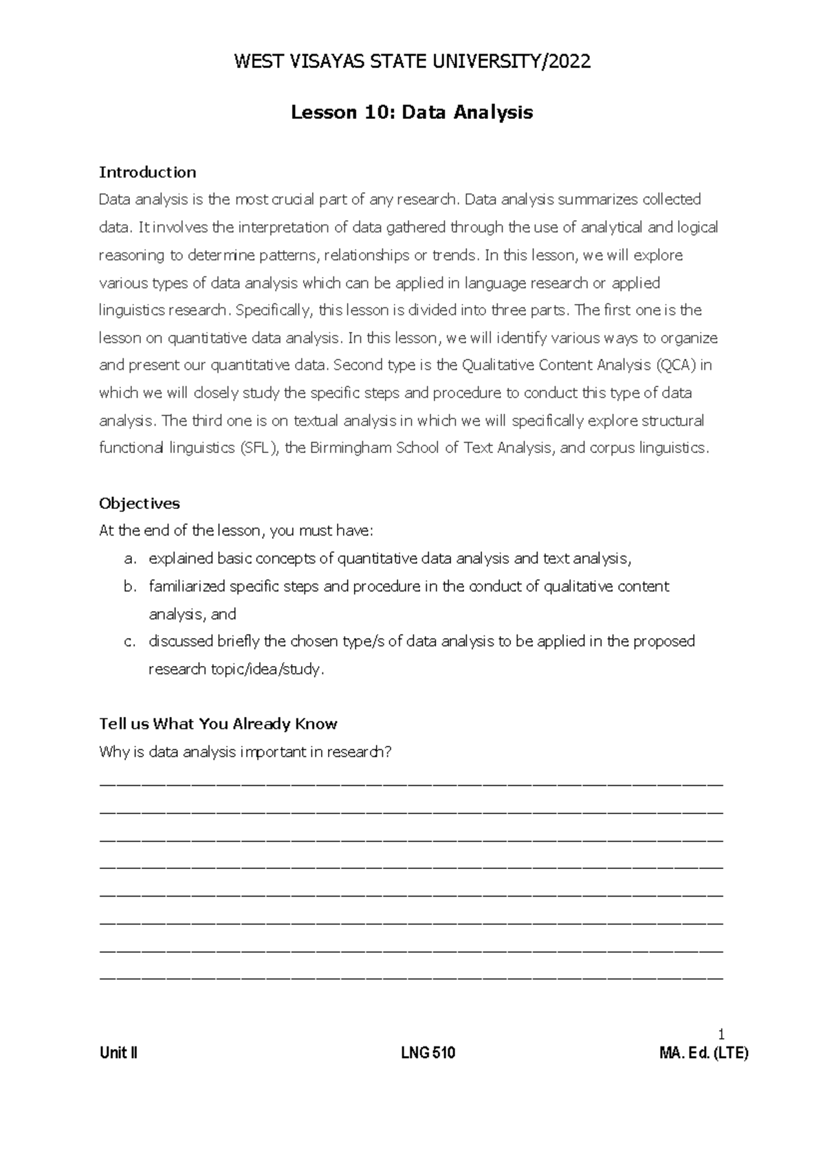 Data Analysis - Lesson 10: Methods & Techniques in Research - Studocu