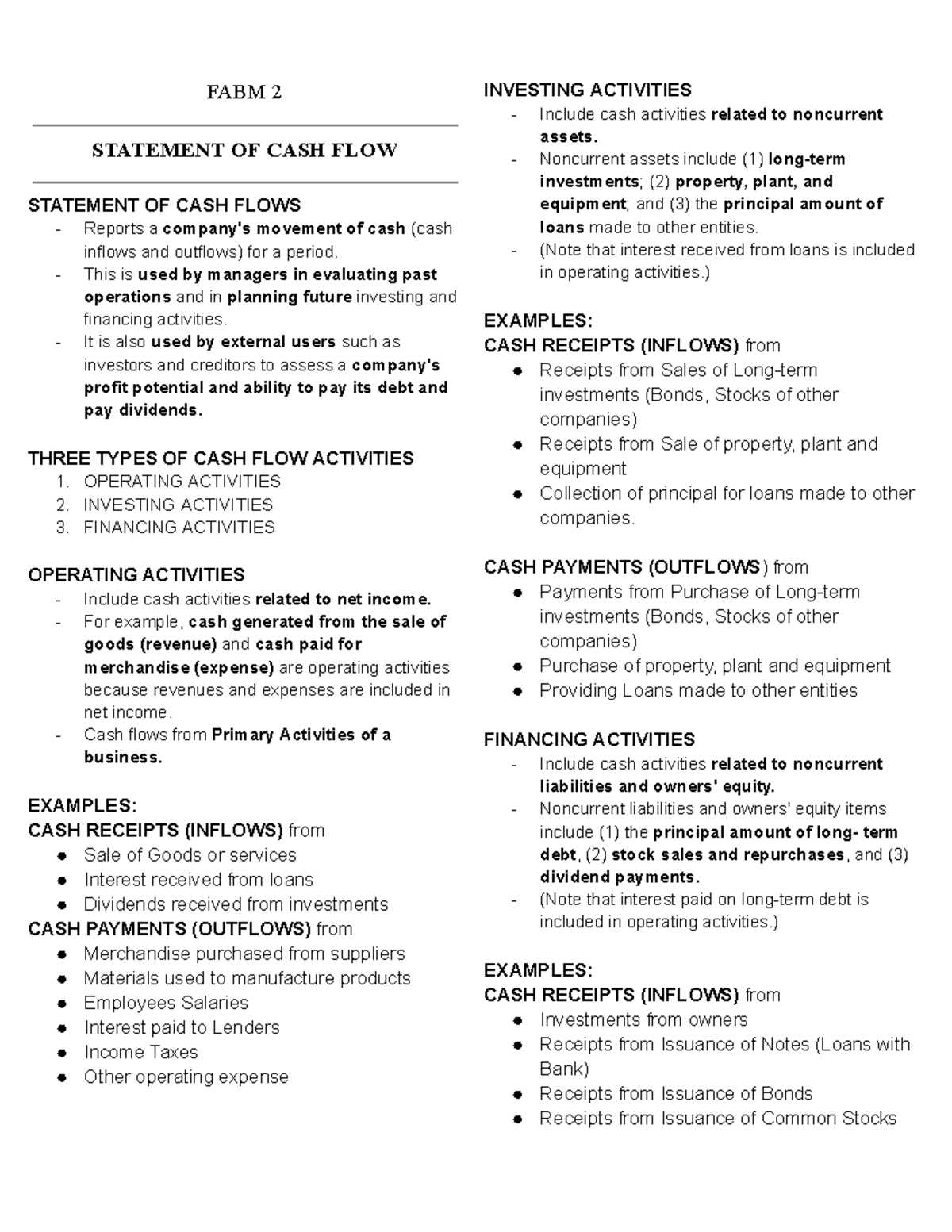 FABM 2 Cash Flow Statement & Financial Analysis Reviewer - Studocu