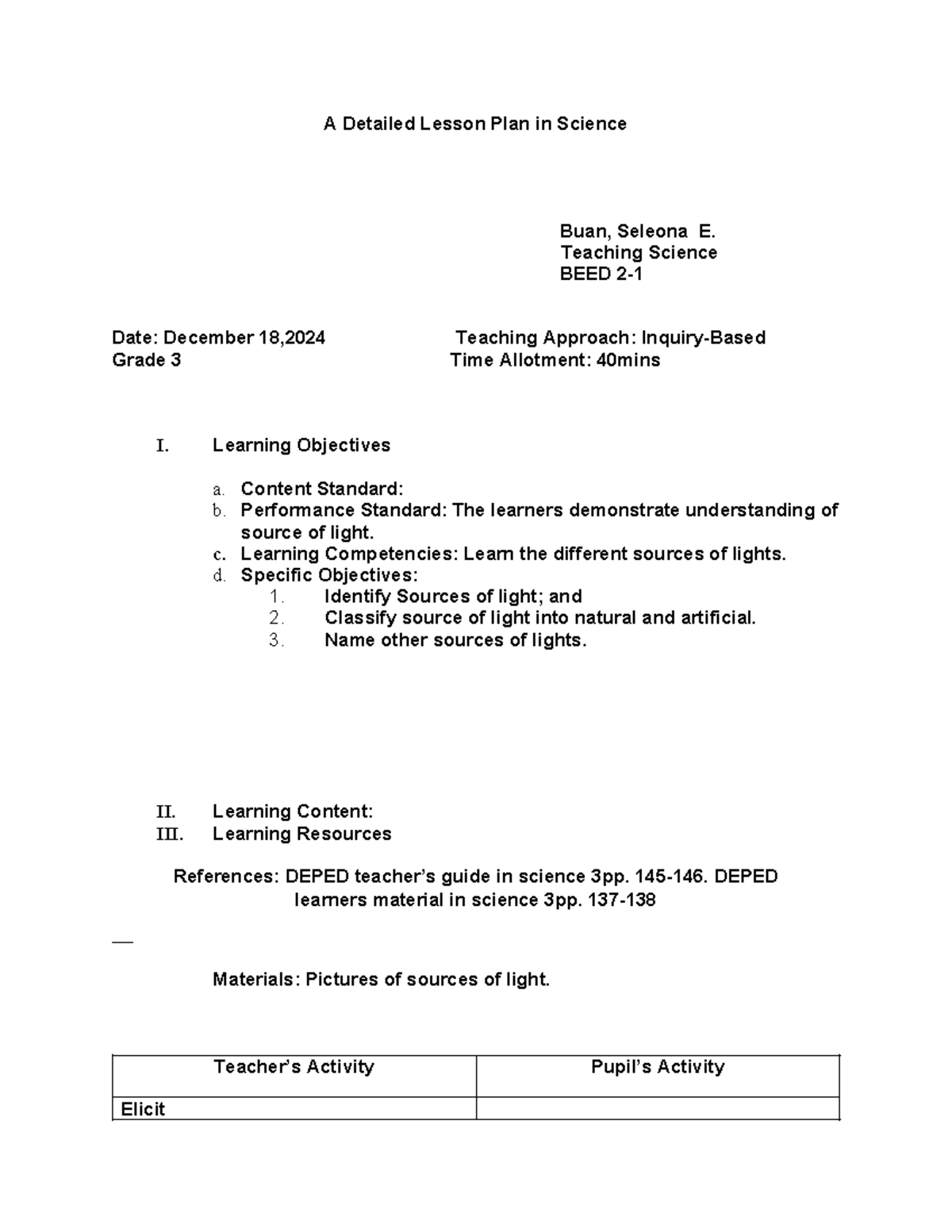 DLP: Science Lesson Plan on Sources of Light for Grade 3 - Studocu