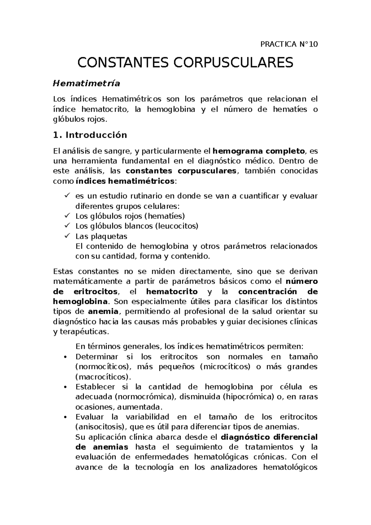 Práctica N10: Análisis de Constantes Corpusculares en Hematología - Studocu