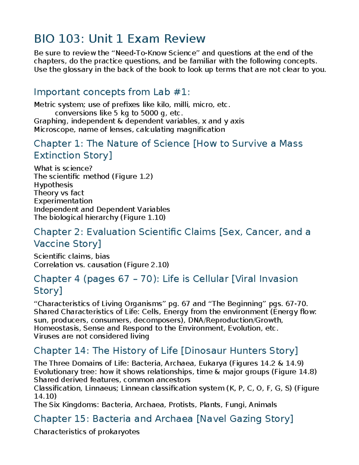BIO 103: Unit 1 Exam Review on Scientific Principles and Life - Studocu