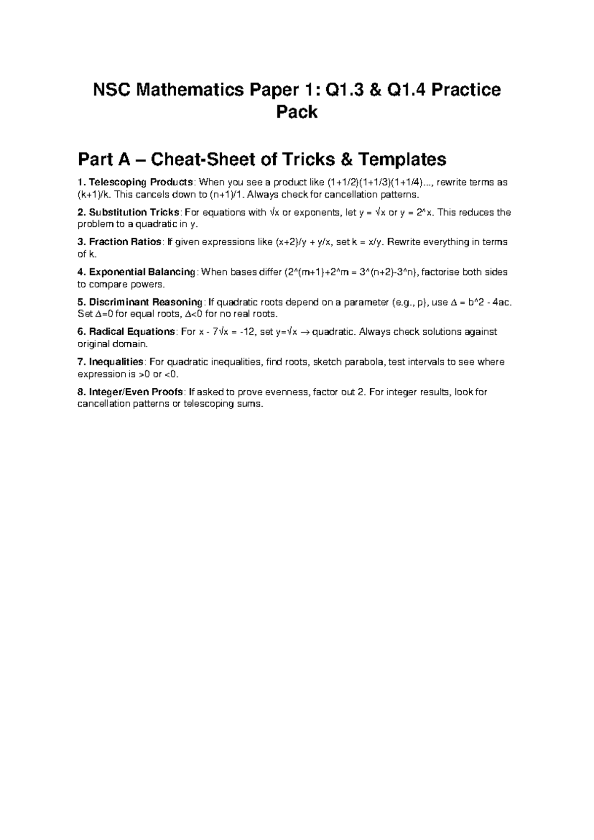 NSC Mathematics Paper 1: Q1.3 & Q1.4 Practice Tricks & Problems - Studocu