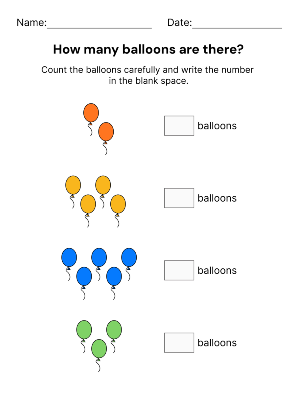 Count the Balloons Worksheet – Version 2 - Name: Date: How many ...