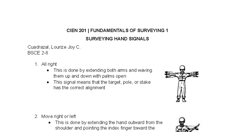 CIEN 201 Fundamentals of Surveying: Hand Signals Guide - Studocu