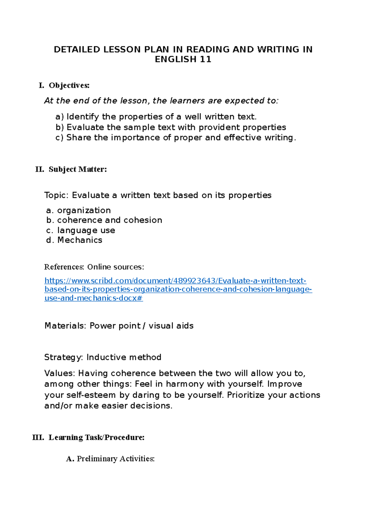 DLP: Reading and Writing Instruction in English 11 Lesson Plan - Studocu