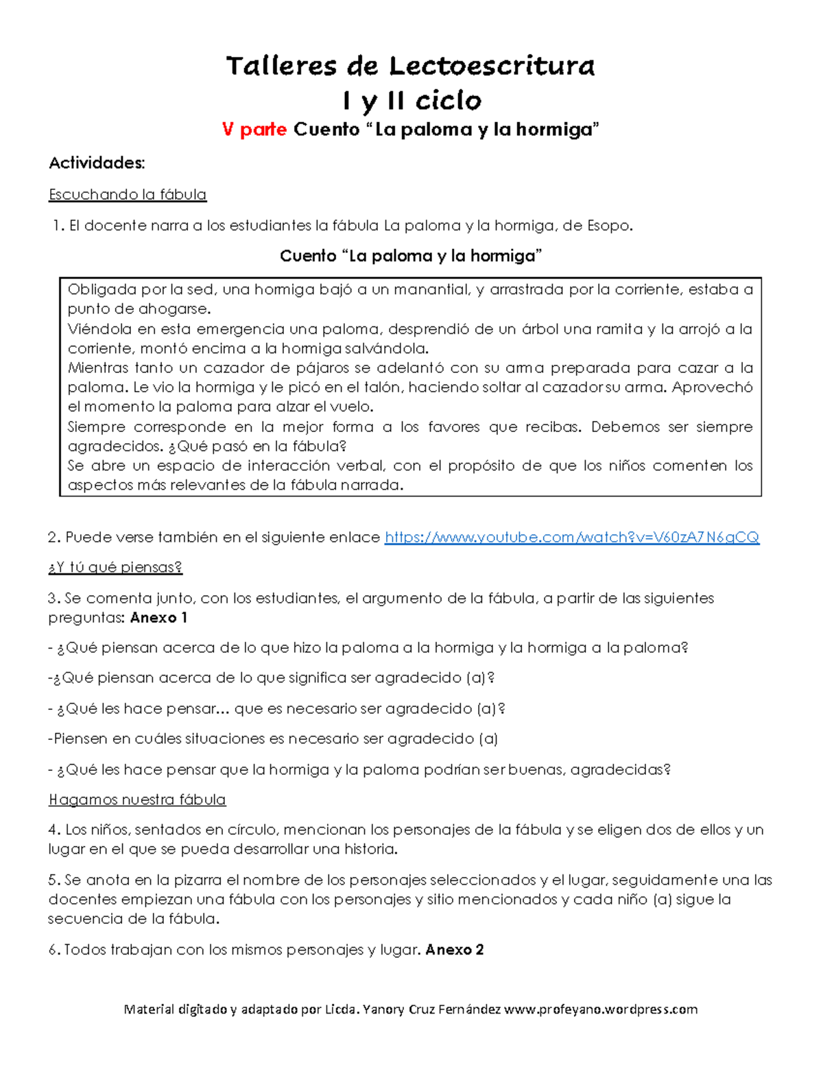 Ii taller de lectoescritura v parte cuento la paloma y la hormiga - I y ...