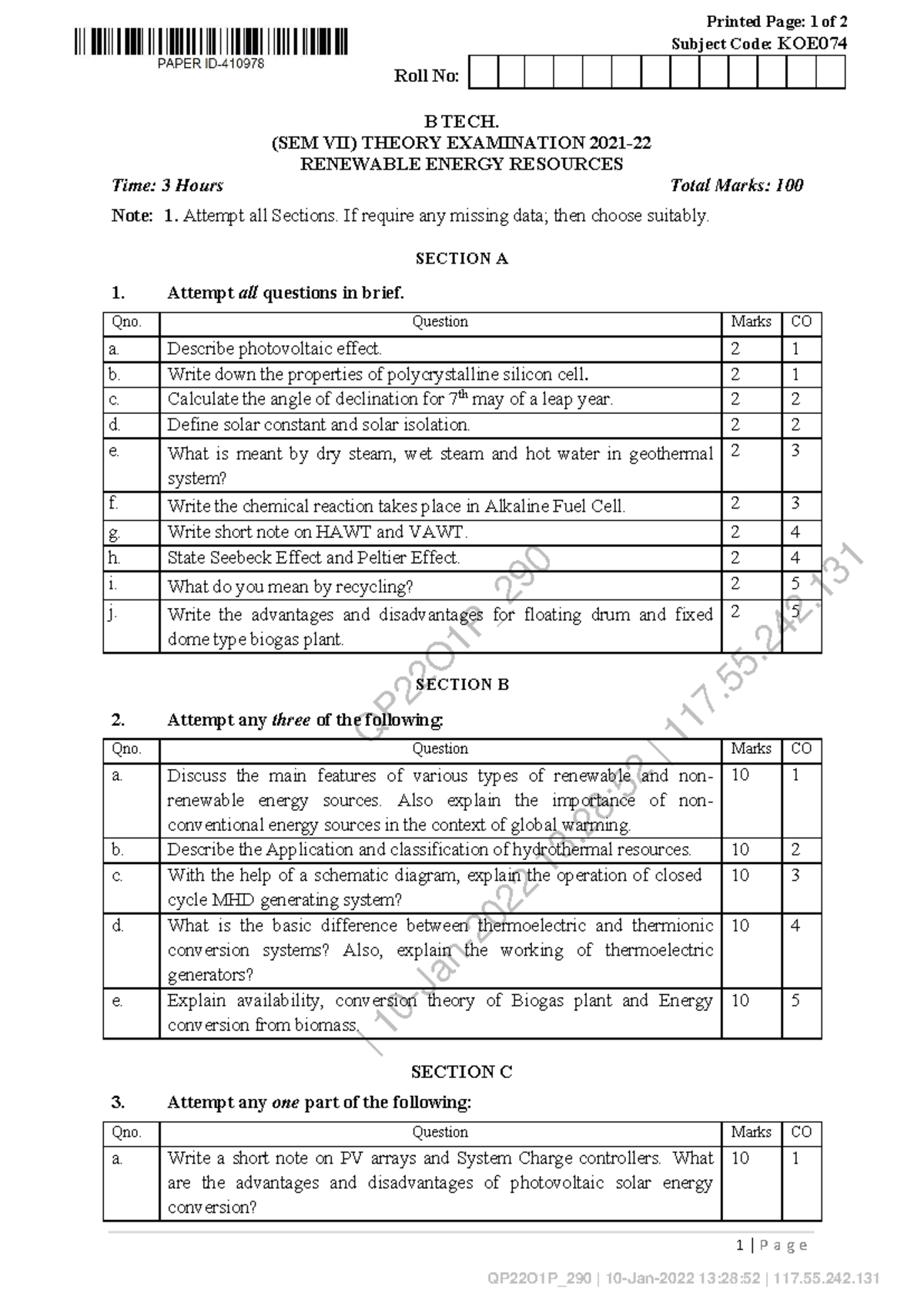 B TECH 7th Sem - Renewable Energy Resources Theory Exam QP22O1P - Studocu