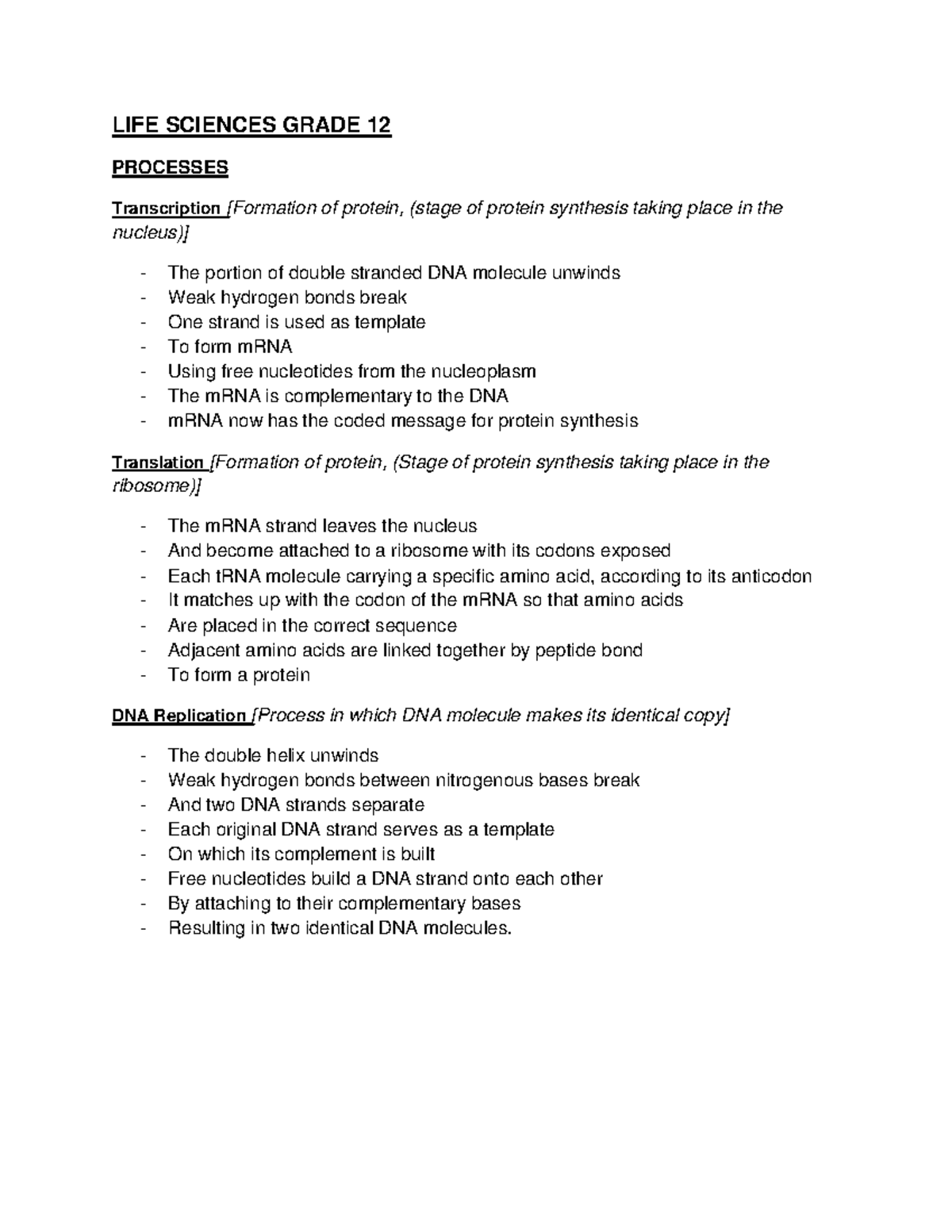 LIFE SCIENCES GRADE 12 PROCESSES: Protein Synthesis & Cell Functions ...