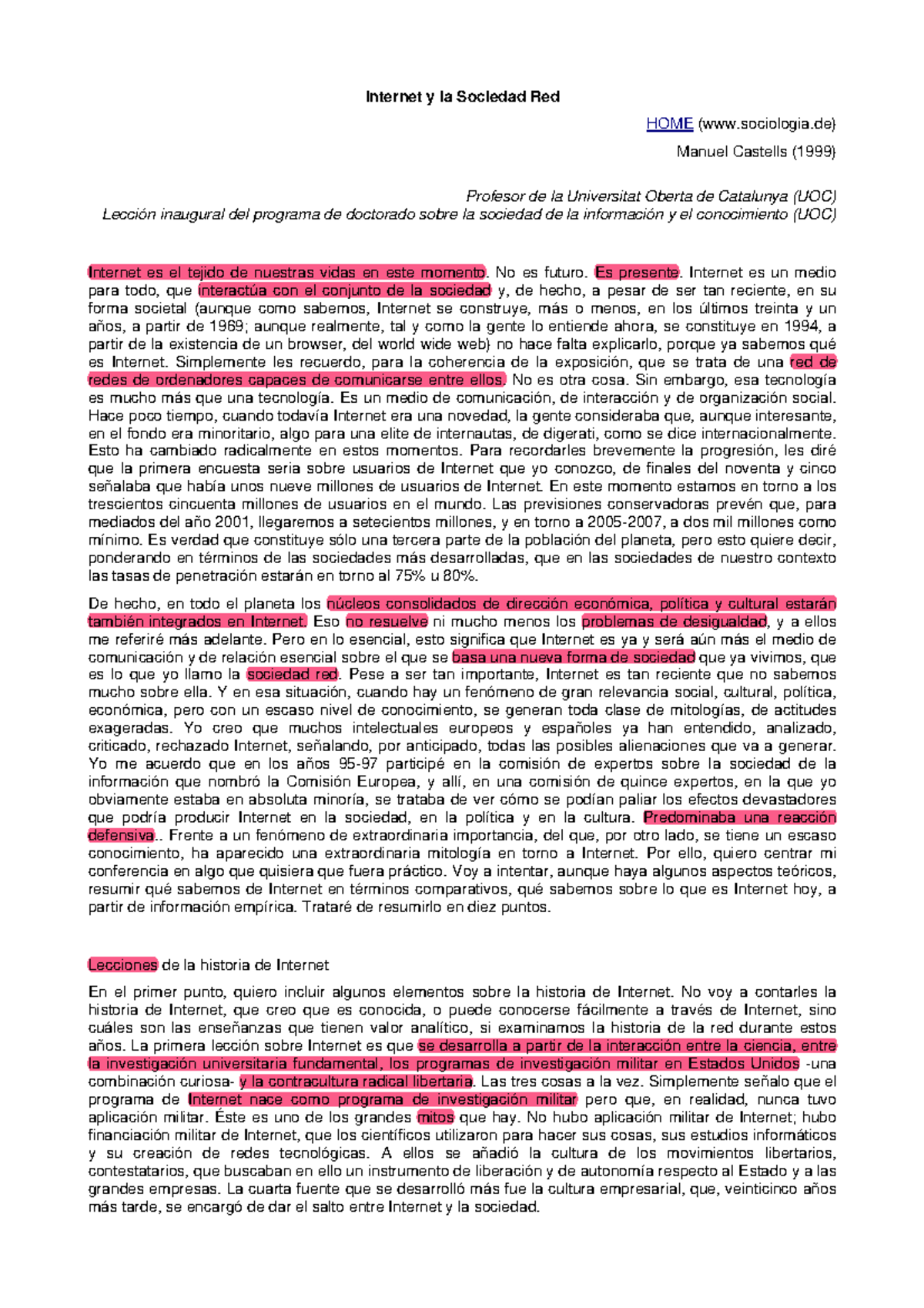 Lecciones sobre Internet y la Sociedad Red por Manuel Castells (1999 ...