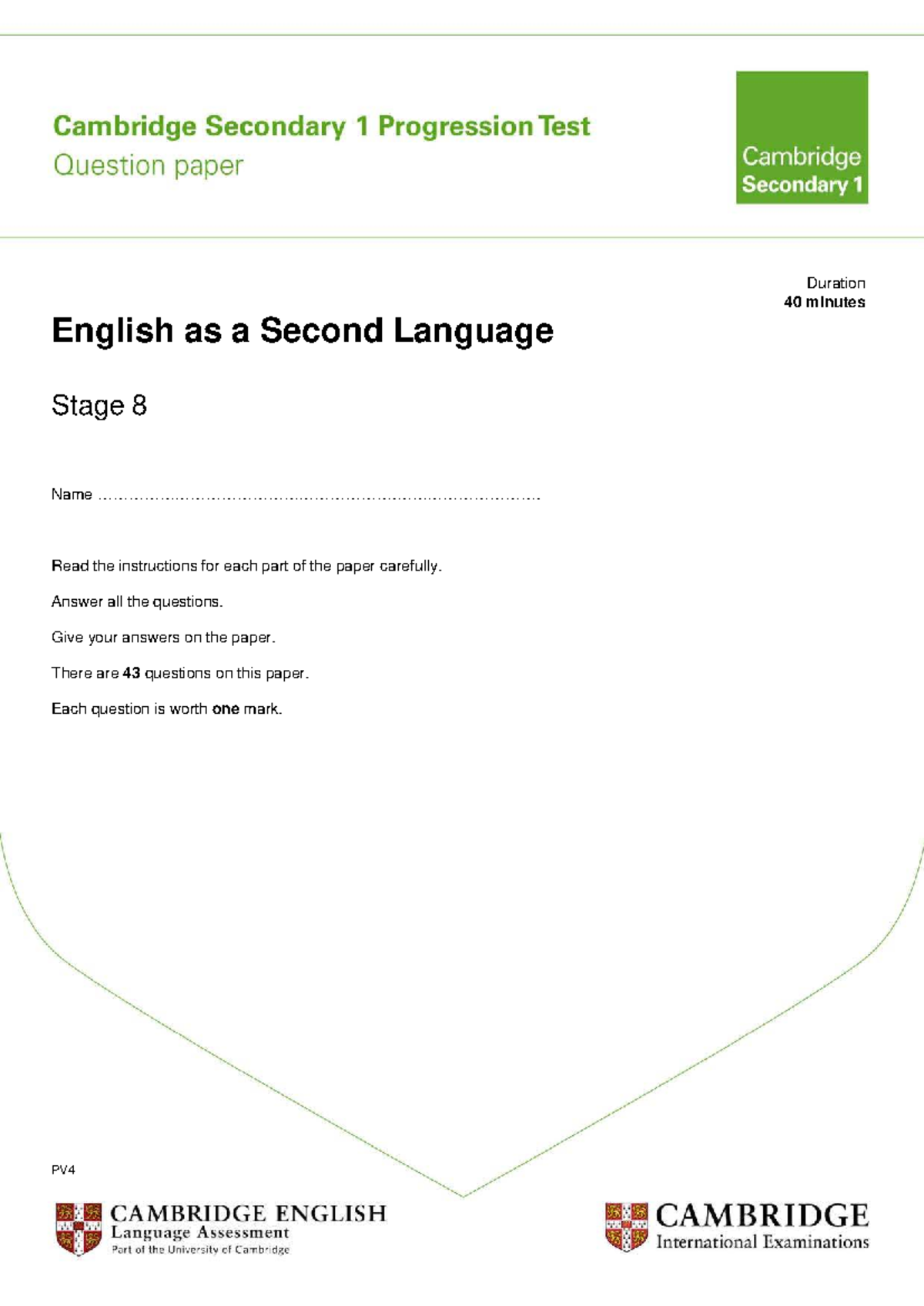 Cambridge Lower Secondary Progression Test - ESL 2014 Stage 8 Paper 1 ...