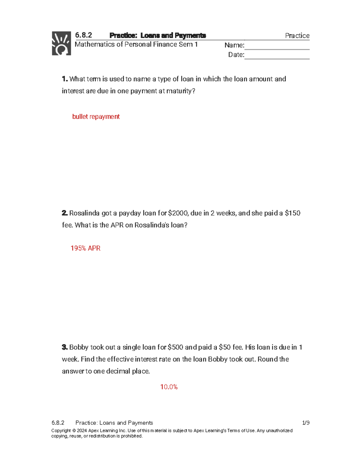 Loans and Payments Practice - Mathematics of Personal Finance Sem 1 ...