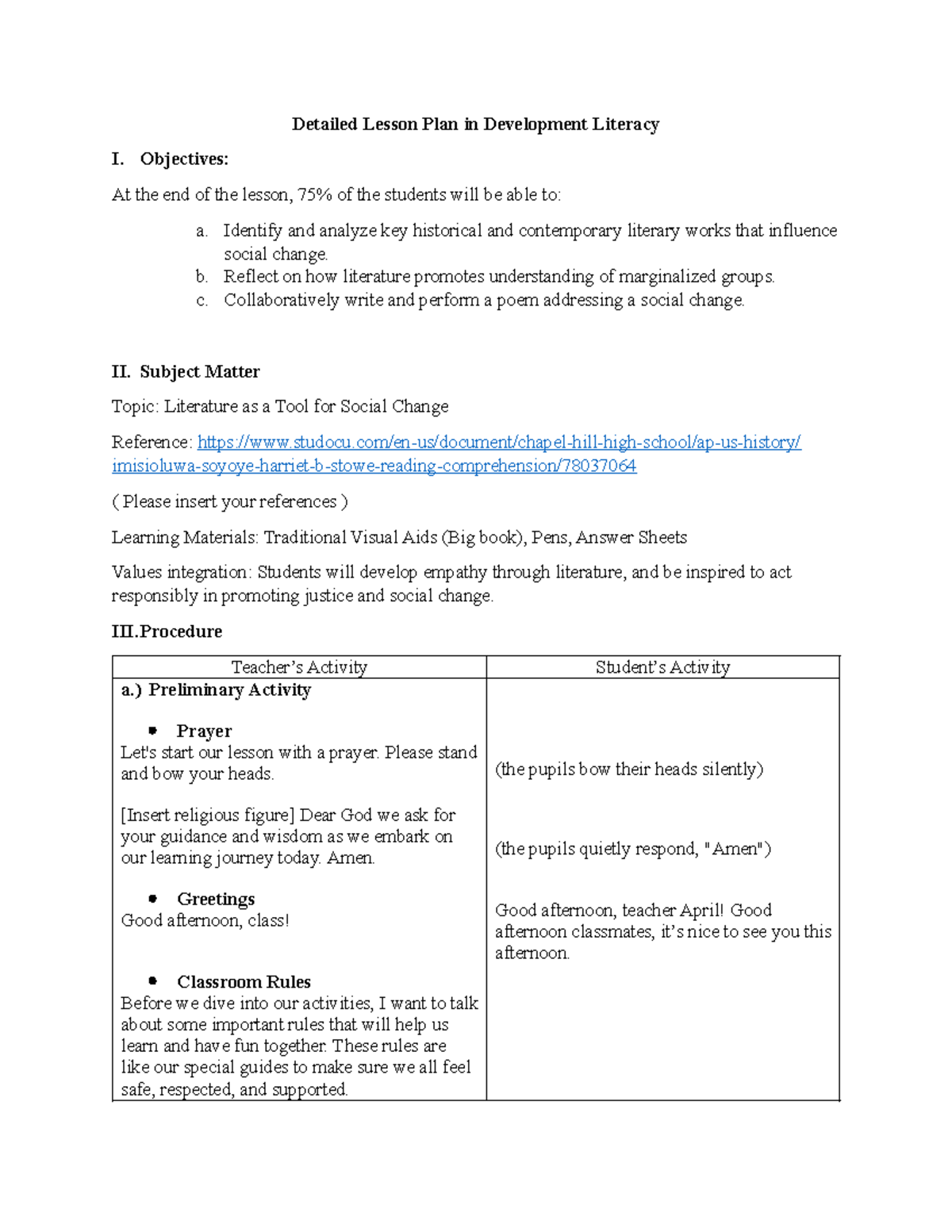 Detailed Lesson Plan in Development Literacy - Objectives: At the end ...