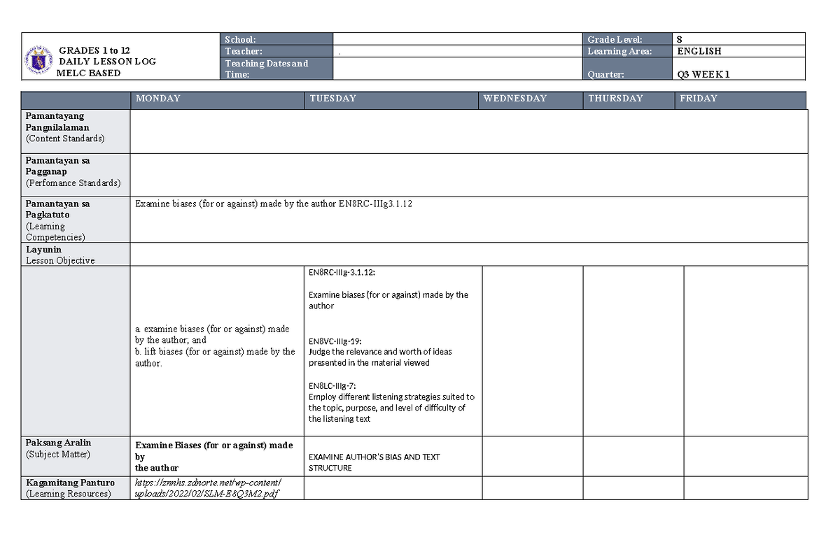 English 8 DLL MELC - GRADES 1 to 12 DAILY LESSON LOG MELC BASED School ...