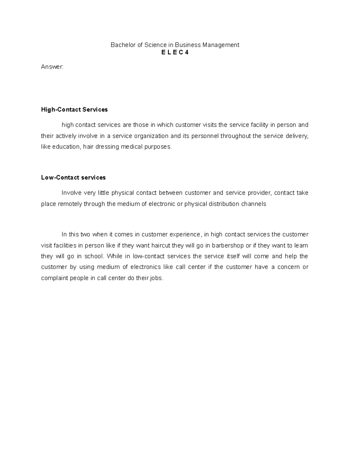 Task 3 - high contact service and low contact service - Bachelor of ...