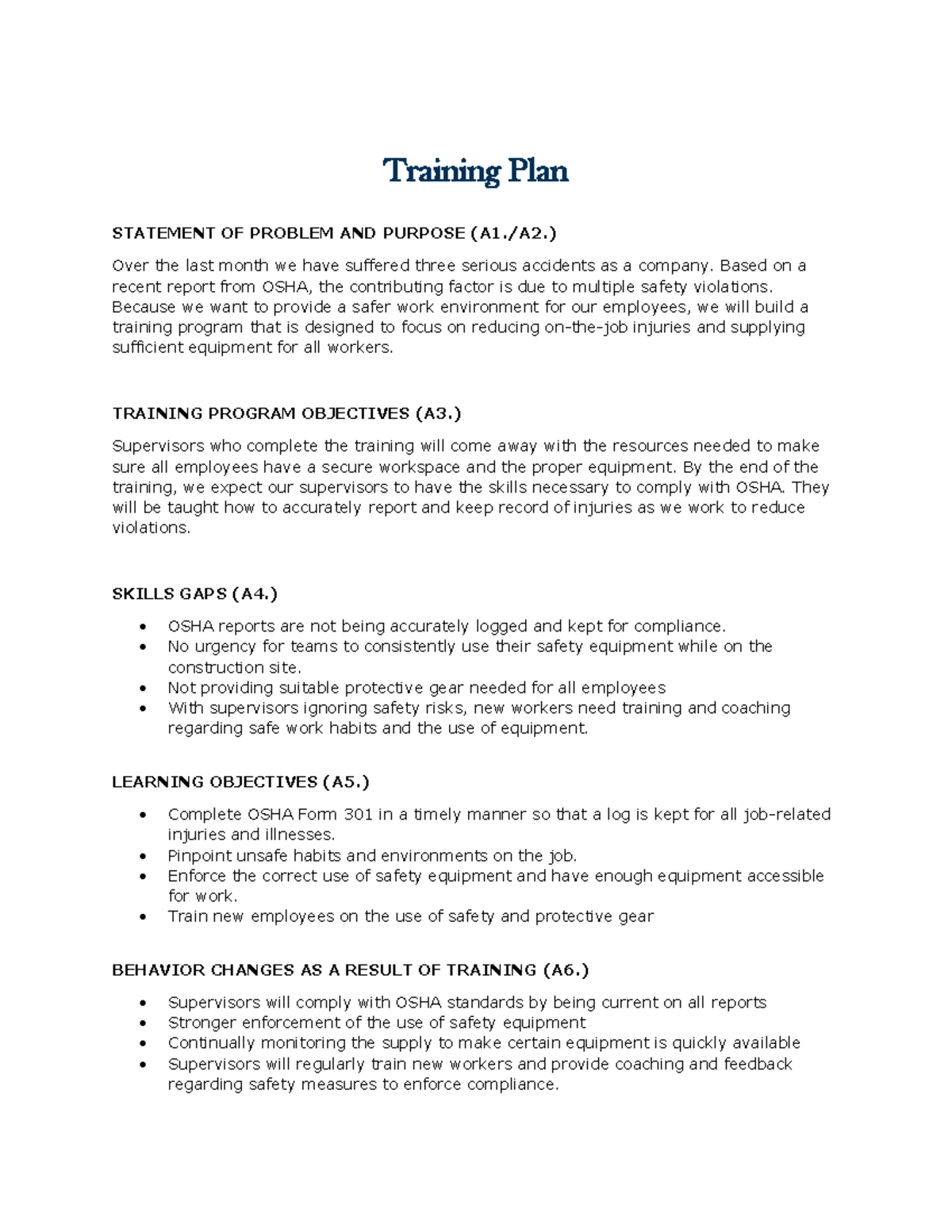 Task 1 Training Plan - Training Plan STATEMENT OF PROBLEM AND PURPOSE ...