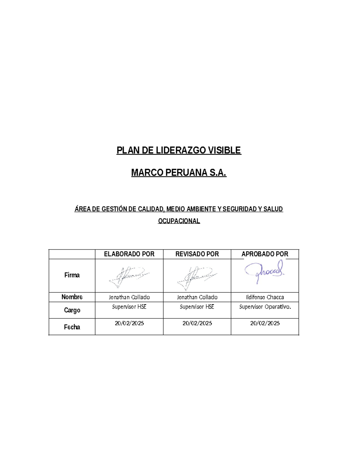 Plan de Liderazgo Visible para Seguridad y Salud Ocupacional SSO MPSA 2025 - Studocu