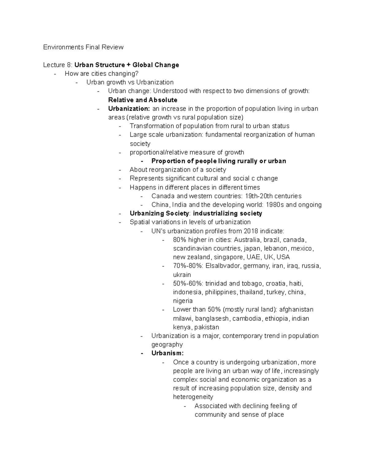 Environments GEOG 101 Final Review: Urban Change & Political Geography ...