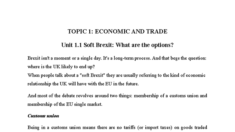 ECONOMIC AND TRADE: Unit 1.1 Soft Brexit Options Explained - Studocu