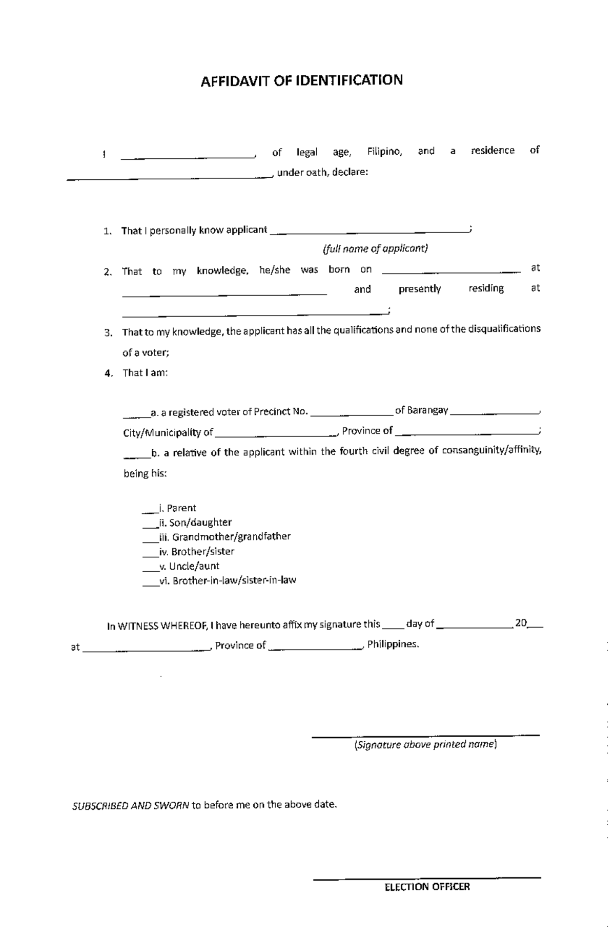 Reg Form Affidavit Of Identification - AFFIDAVIT OF IDENTIFICATION I , of legal age, Filipino ...