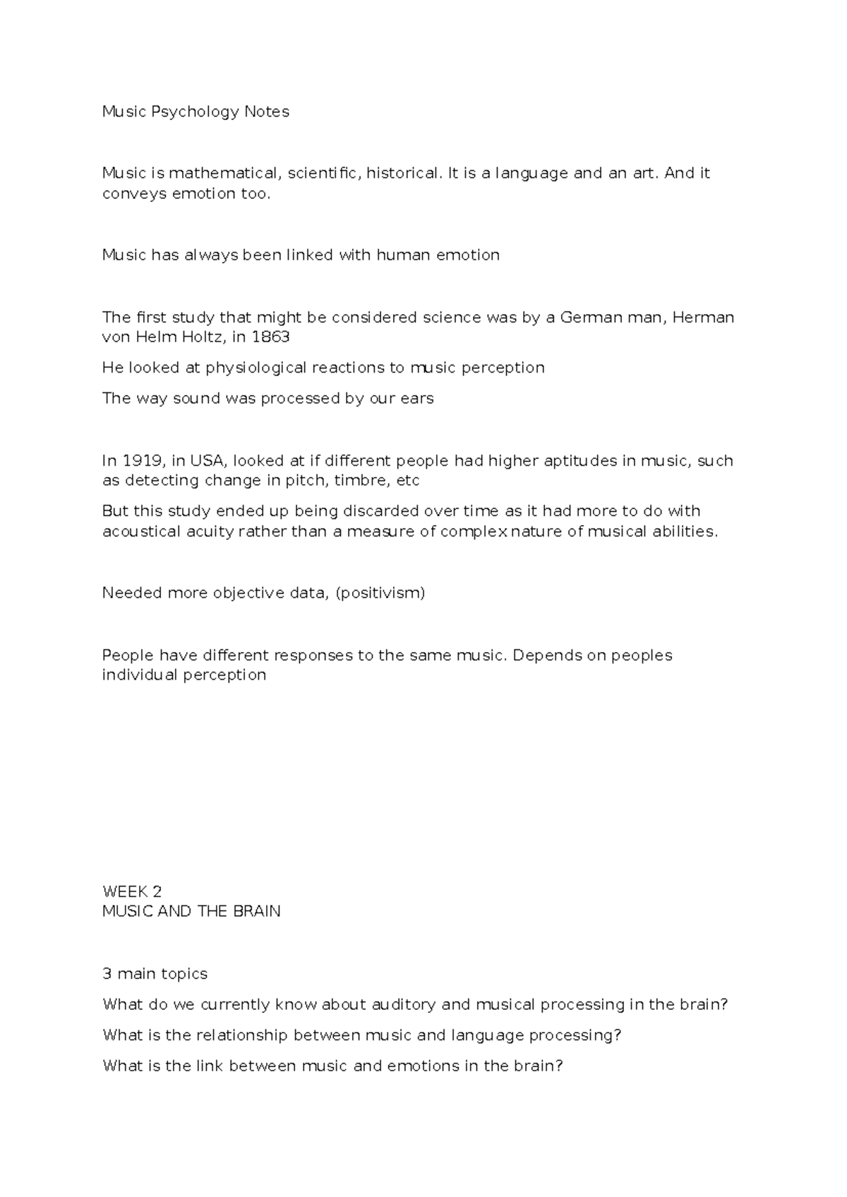 Music Psychology Lecture Notes: Exploring Emotion & Brain Processing ...