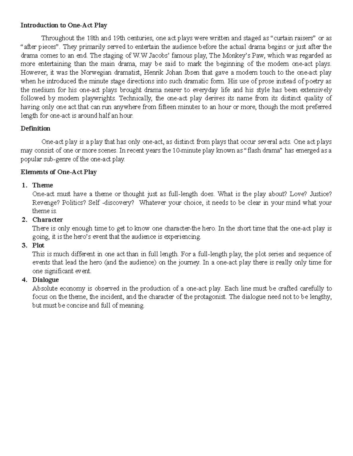 One Act Play Overview: Key Elements and Historical Insights - Studocu