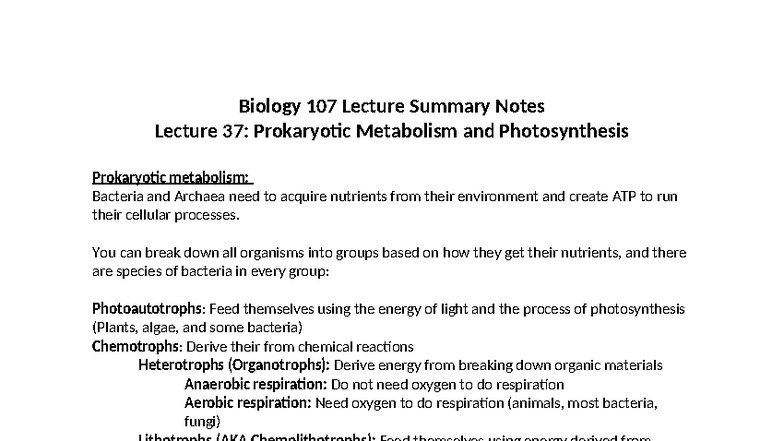 Biology 107 Lecture Notes: Prokaryotic Metabolism & Photosynthesis ...