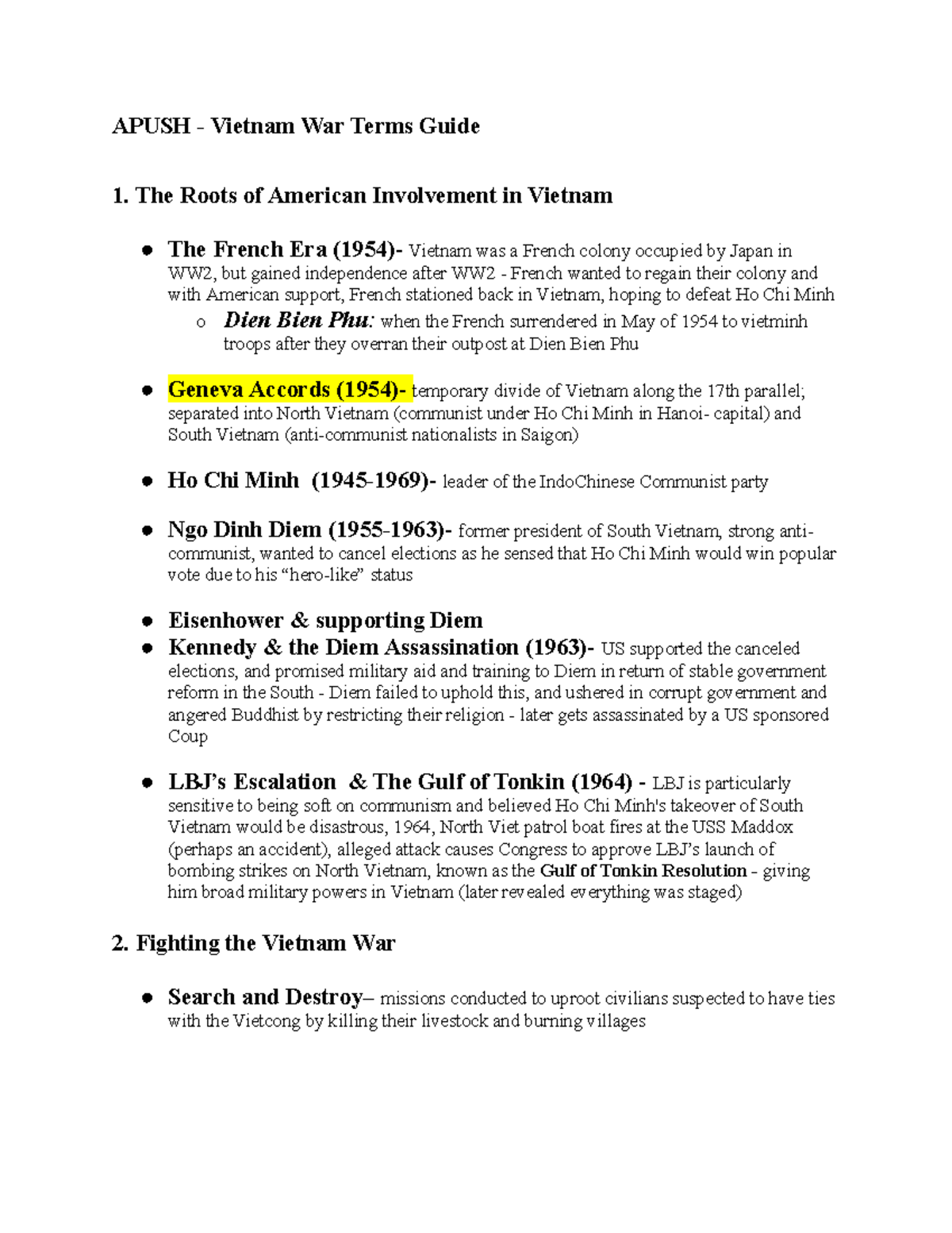APUSH Vietnam War Unit Study Guide 2024: Key Events & Terms - Studocu