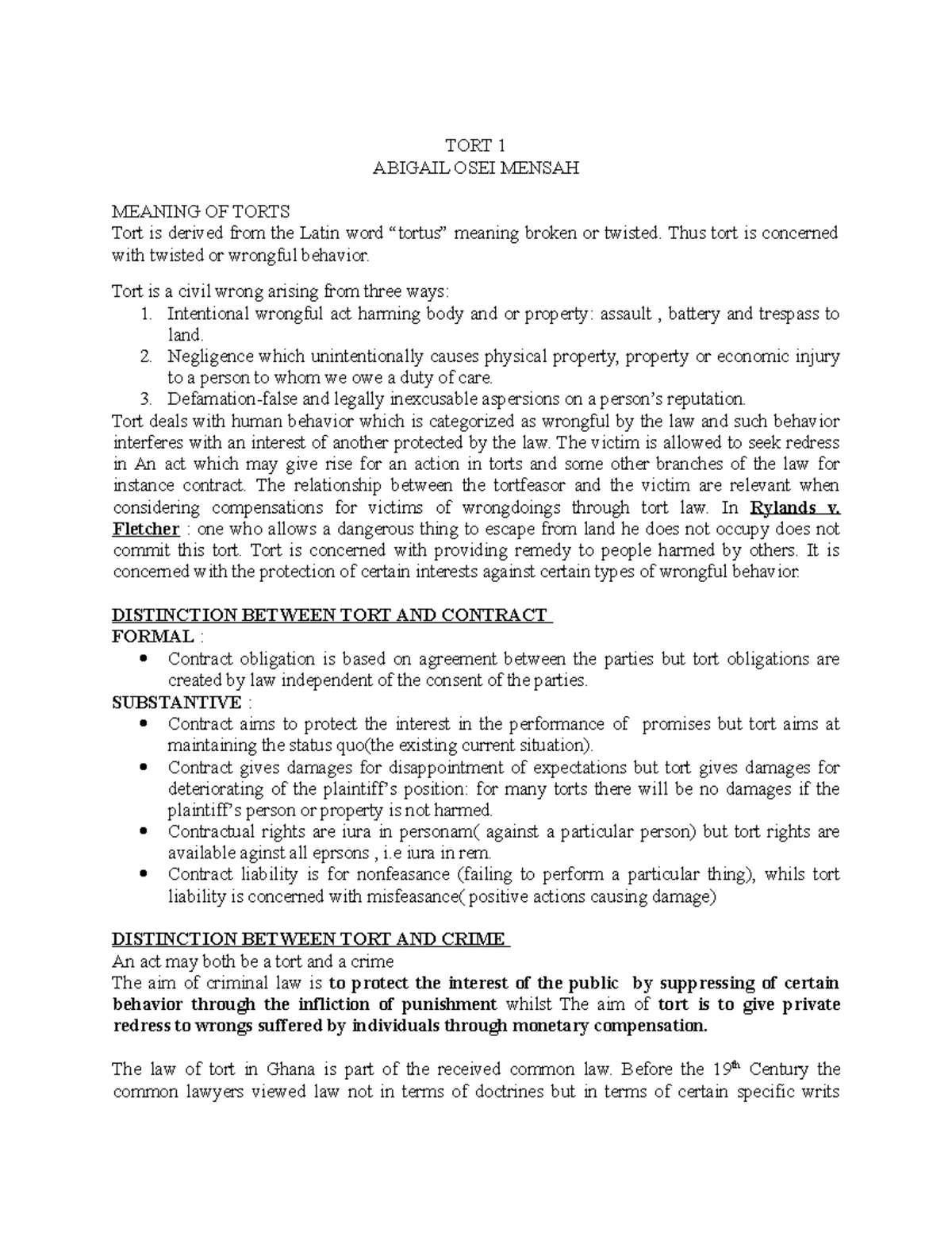 Tort law exam notes-1 - Summary of tort law l. Author: Smith Andrew ...