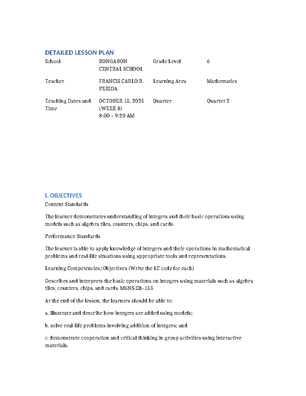 Detailed Lesson Plan: Adding Integers for Grade 6 (Math) - Studocu
