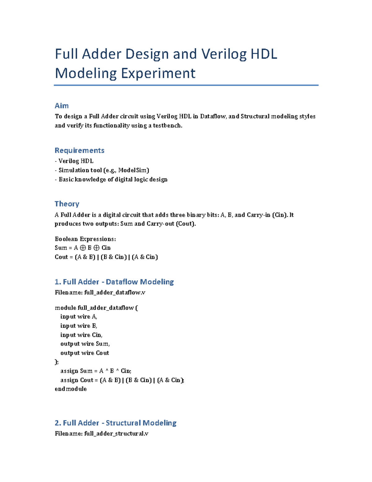 Full Adder Verilog HDL Design Experiment - Batch 3 - Studocu