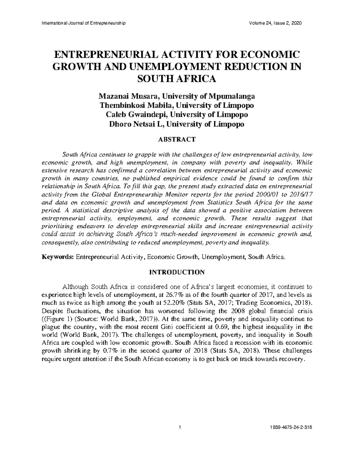 Entrepreneurial Activity FOR Economic Growth AND Unemployment ...