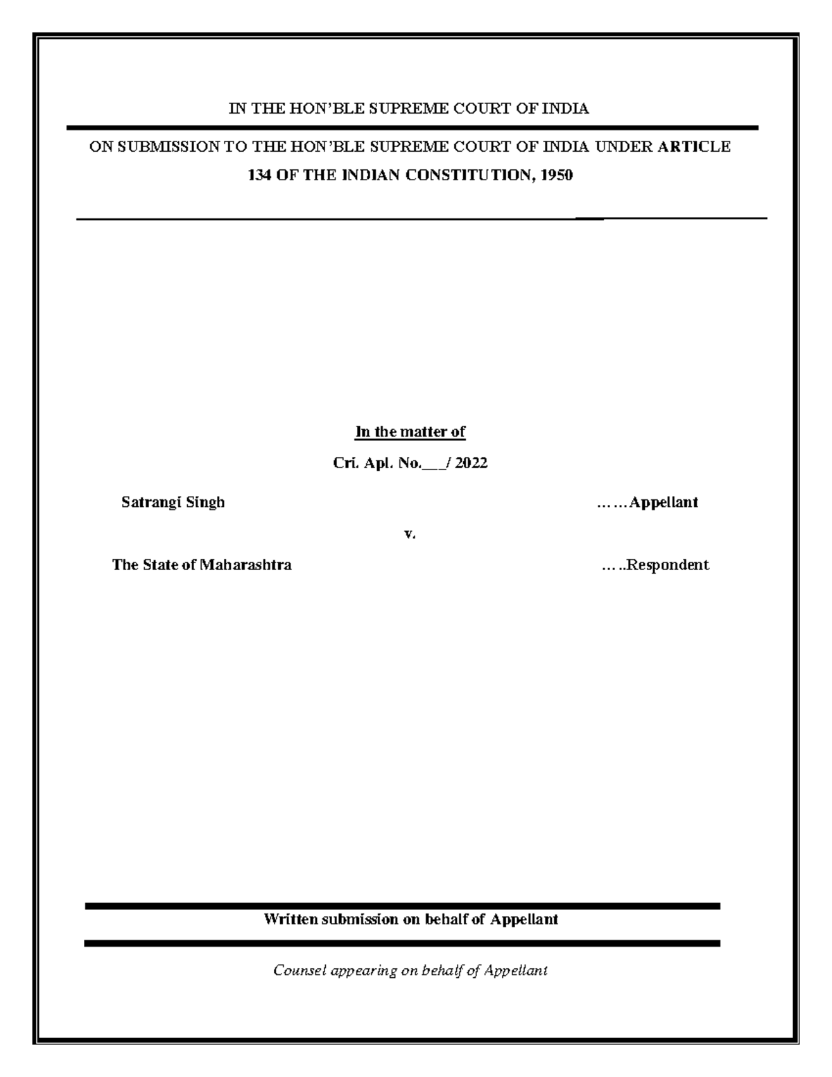 Moot Problem: Criminal Law & Right to Private Defence (Cri. Apl. No ...