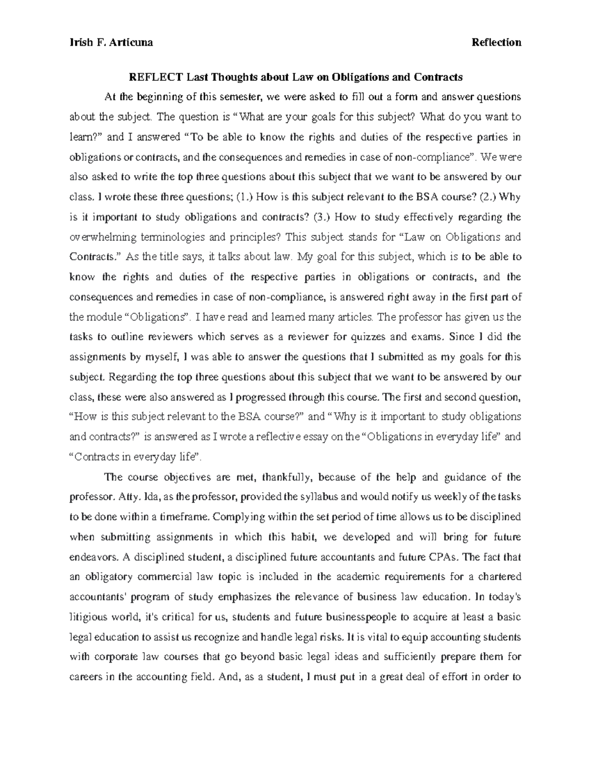 BSA 101 Final Reflection Essay on Law of Obligations & Contracts - Studocu