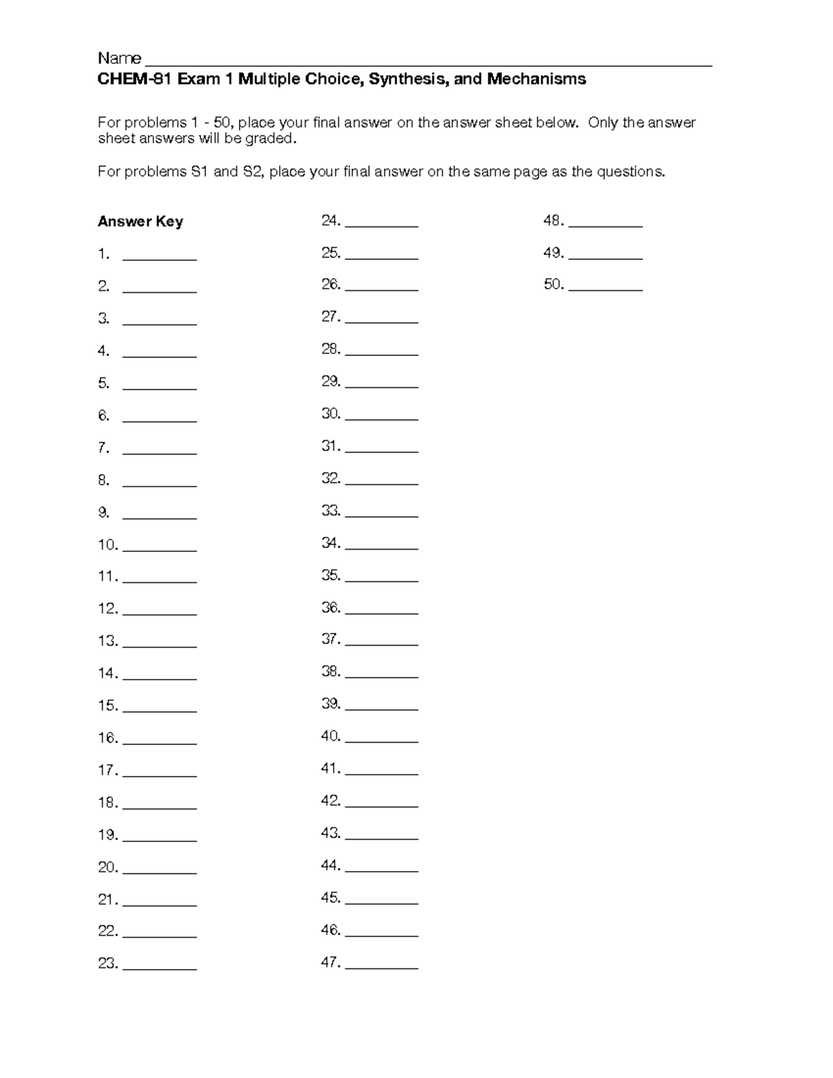 Chem-81 Mock Exam 1: Multiple Choice & Mechanisms - Studocu