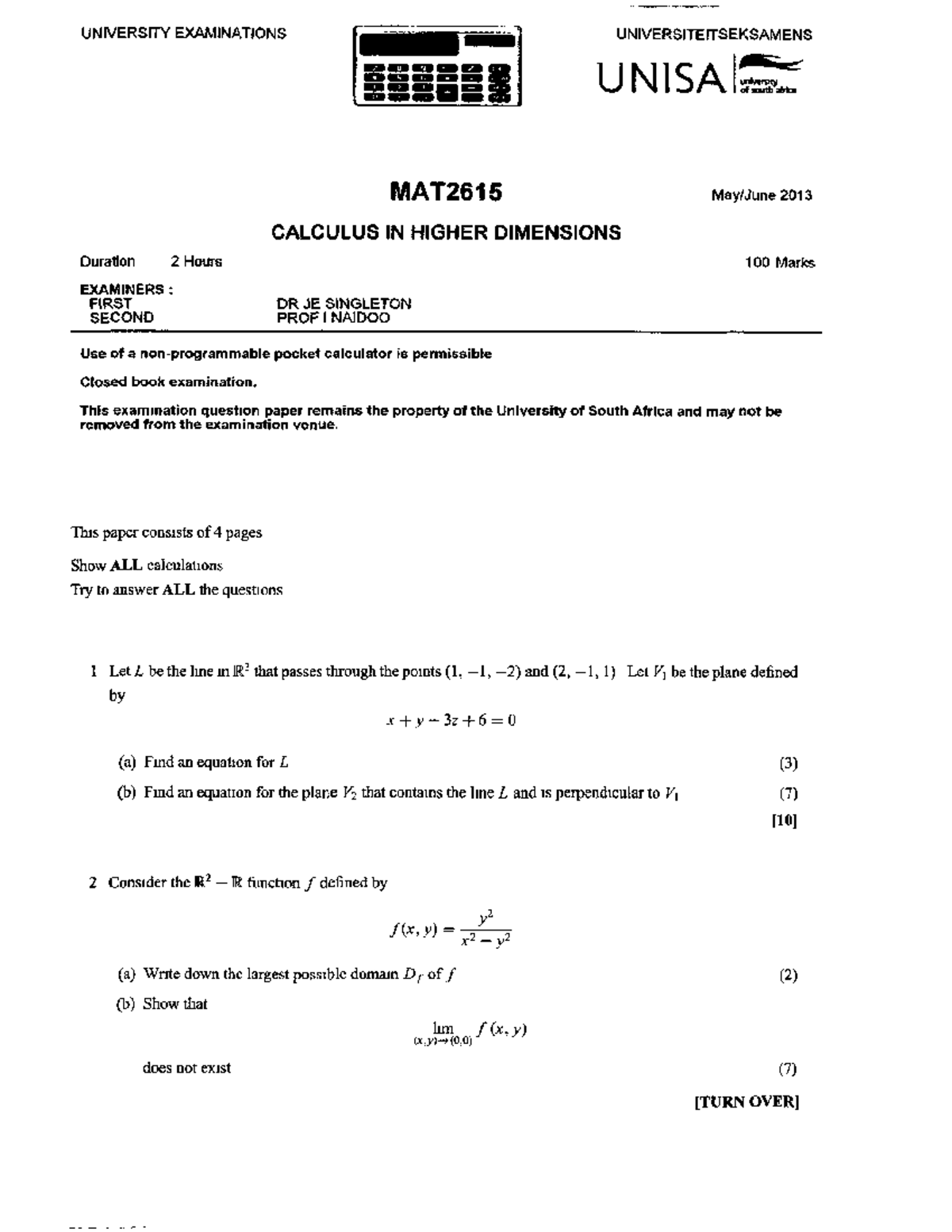 MAT2615 2013 Final Exam: Calculus in Higher Dimensions - Studocu