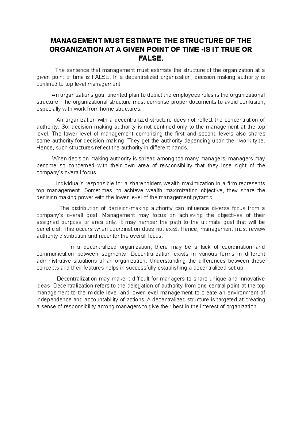 Management's Estimation of Organizational Structure: An Analysis - Studocu