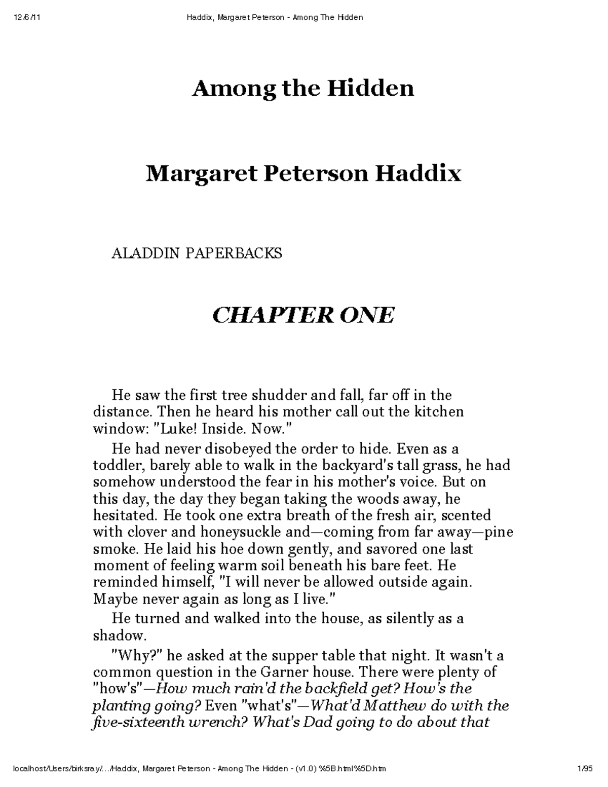 Among the Hidden: Chapter Summaries and Analysis (ALADDIN PAPERBACKS ...