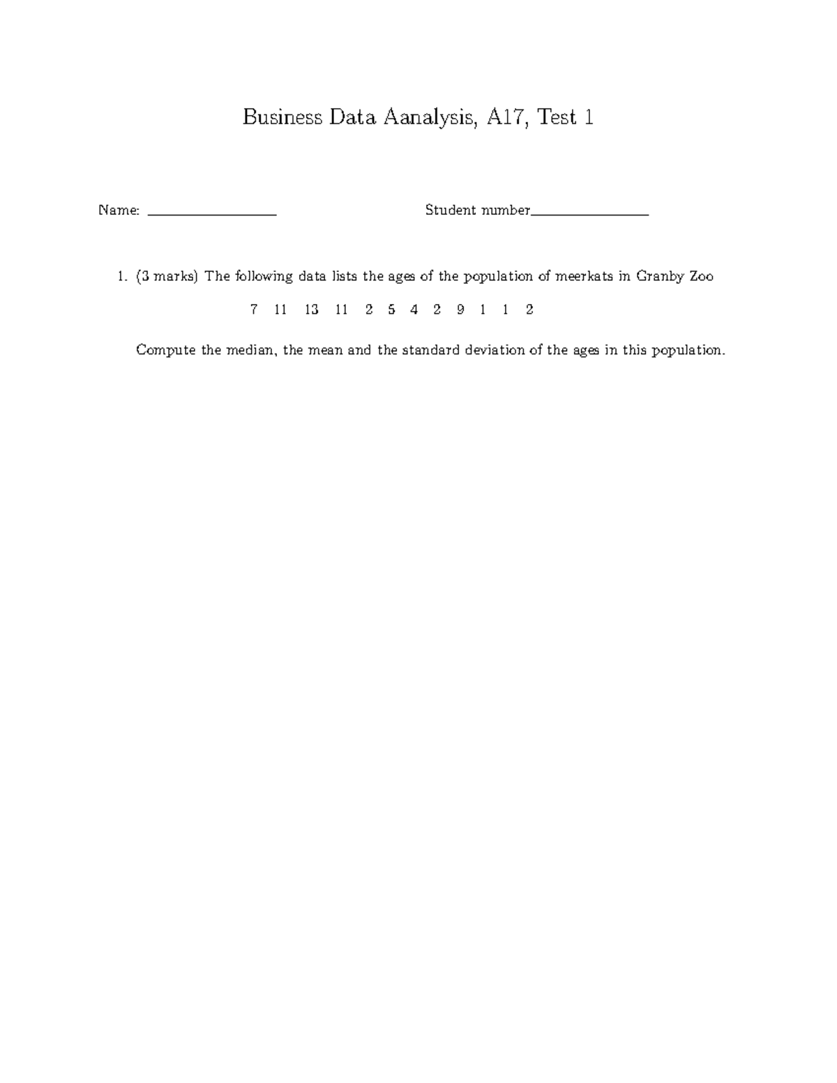 A17 Business Data Analysis Test 1 Practice Questions - Studocu