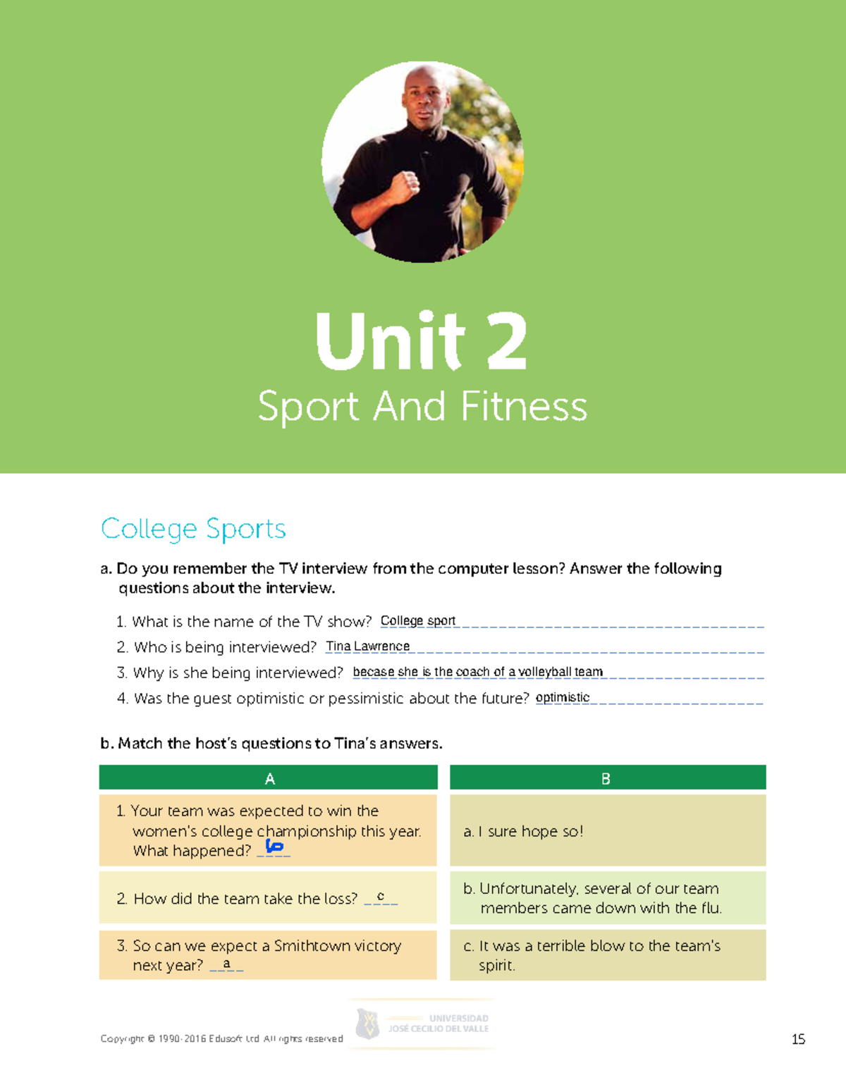 Workbook Unit 2 - Lesson book - Sport And Fitness Unit 2 College Sports ...