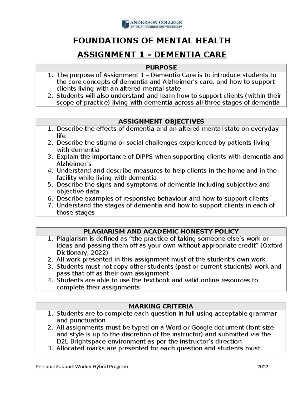 Foundations of Mental Health: Assignment 1 on Dementia Care - Studocu