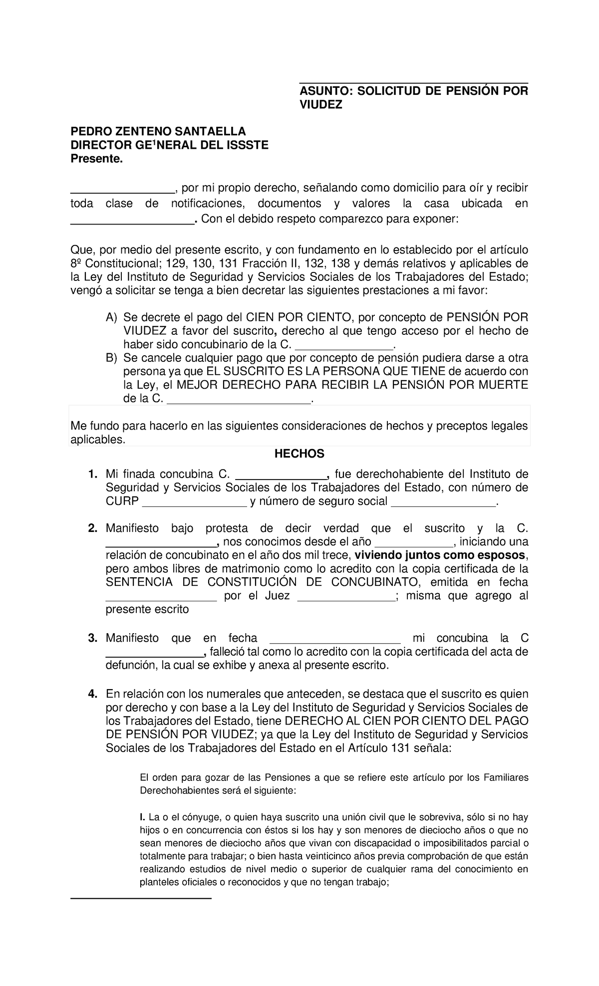 Solicitud de Pensión por Viudez ante el ISSSTE de Pedro Zenteno - Studocu
