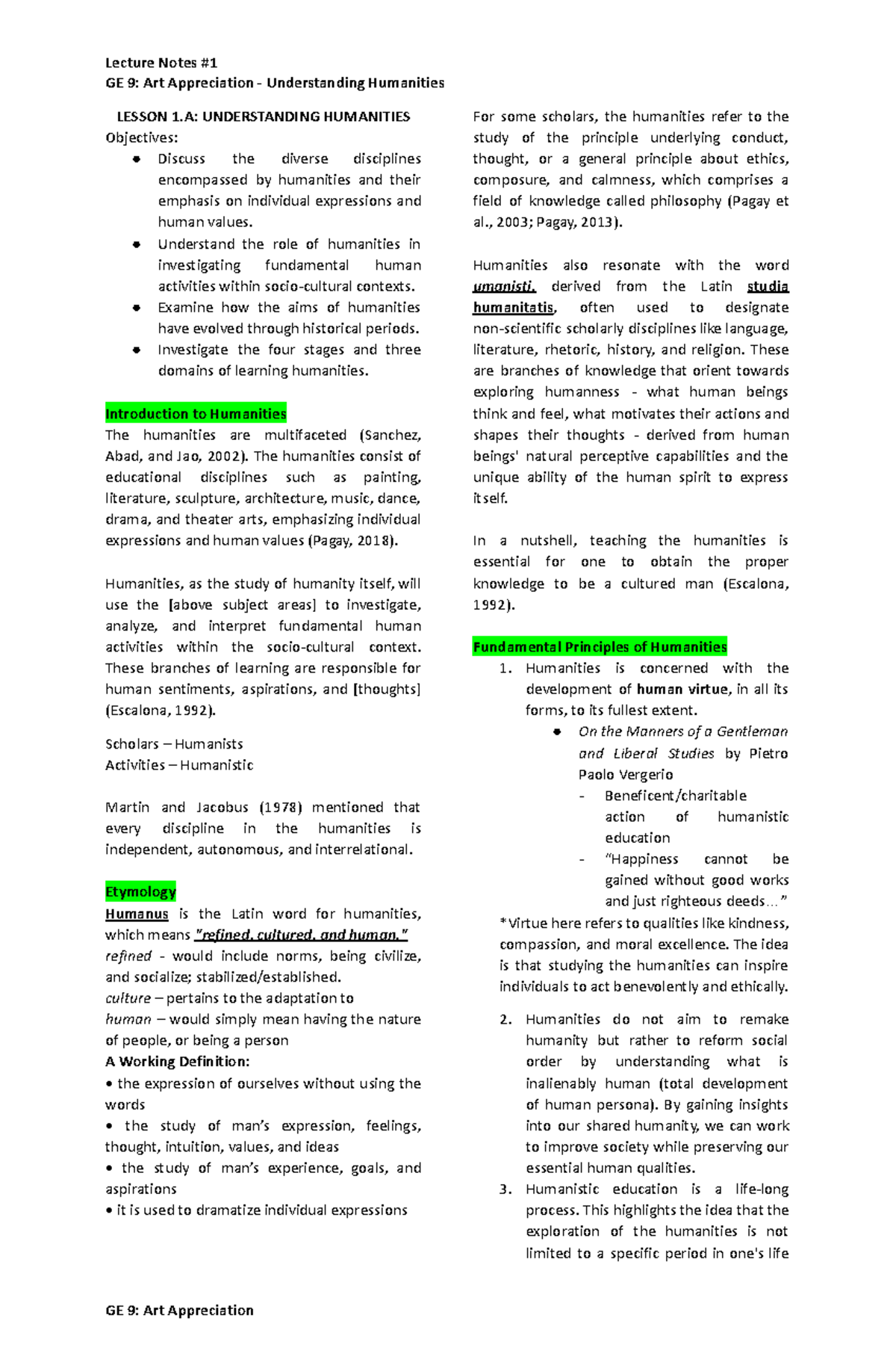 GE 9 Lesson 1: Humanities - Lecture Notes # GE 9: Art Appreciation ...