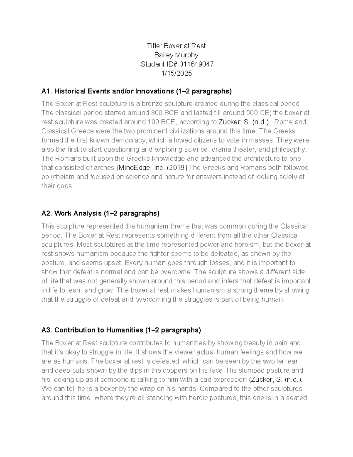 Task 1 attempt 2 for c100 humanities - Title: Boxer at Rest Bailey Murphy Student ID# 011649047 ...